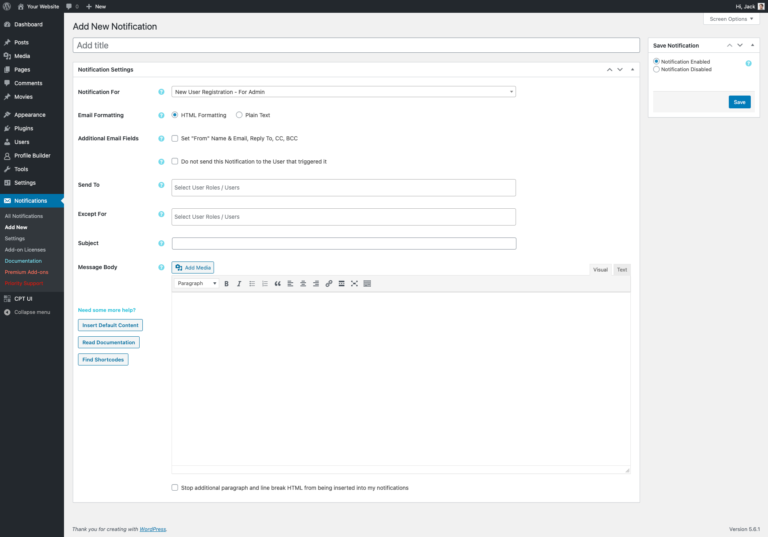Adding a New Notification - Better Notifications for WP